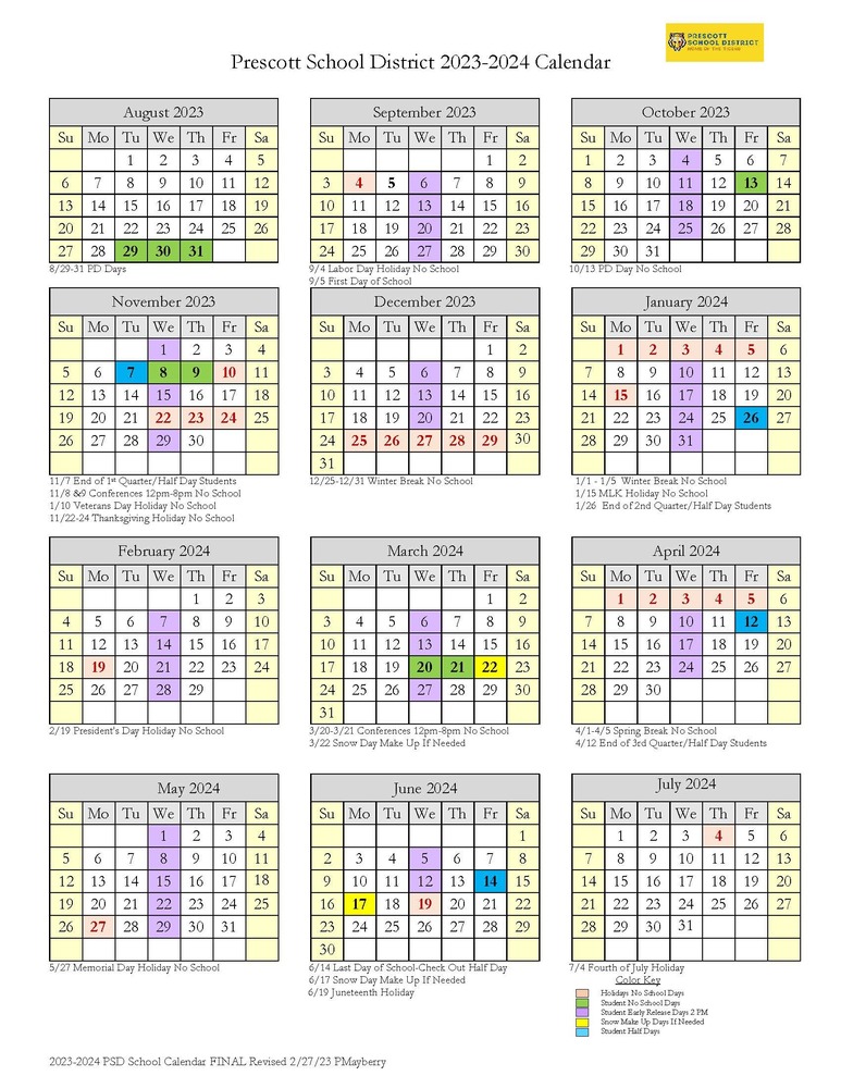 2023-2024 School Year Calendar | Prescott School District
